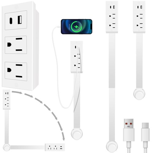 Extendable Rotating Outlet Stick USB-A, USB-C, and 2 Ac Power Strip St ...